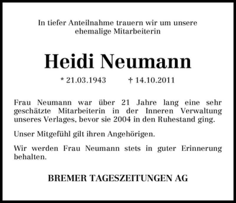 Traueranzeigen von Heidi Neumann | Trauer & Gedenken