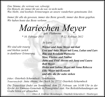 Traueranzeigen von Mariechen Meyer | Trauer & Gedenken