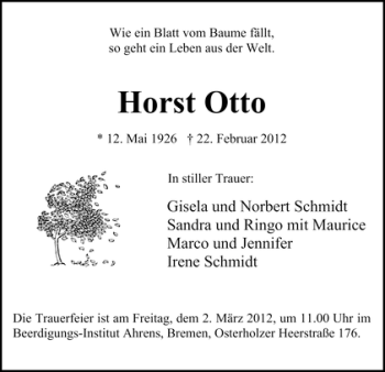 Traueranzeigen von Horst Otto | Trauer & Gedenken