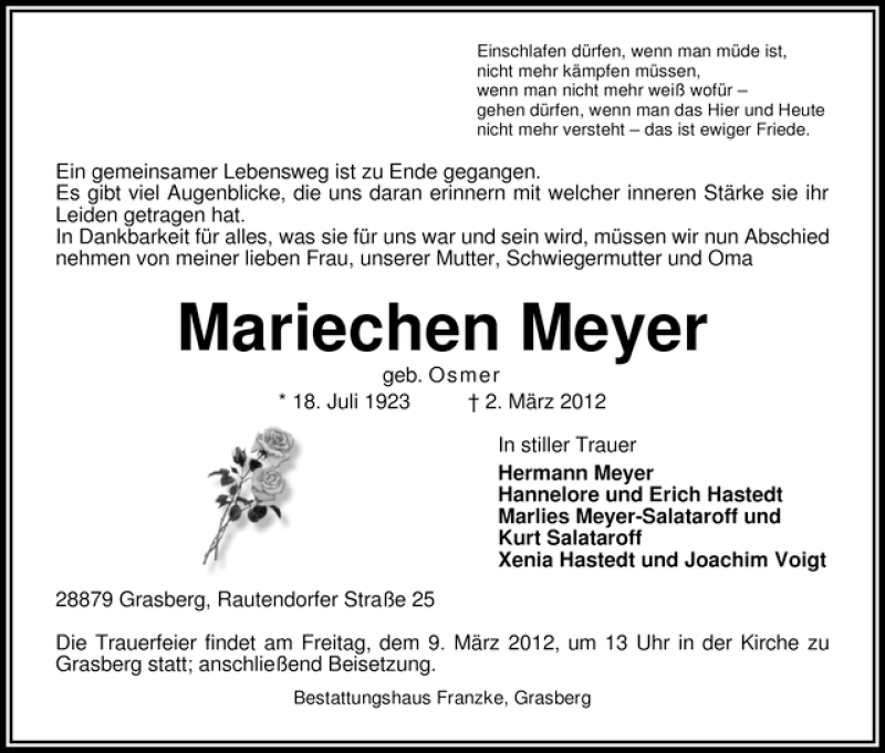 Traueranzeigen von Mariechen Meyer | Trauer & Gedenken