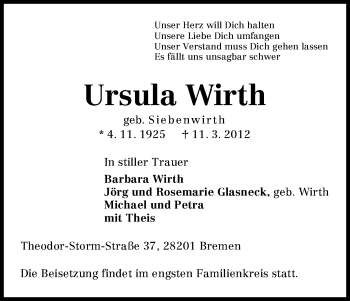 Traueranzeigen von Ursula Wirth | Trauer & Gedenken