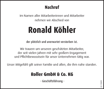 Traueranzeigen von Ronald Köhler | Trauer & Gedenken