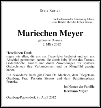 Traueranzeigen von Mariechen Meyer | Trauer & Gedenken