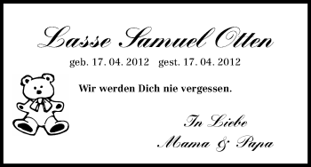 Traueranzeigen von Lasse Samuel Otten | Trauer & Gedenken