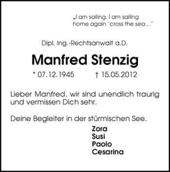 Traueranzeigen von Manfred Stenzig | Trauer & Gedenken