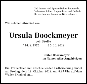 Traueranzeigen von Ursula Boockmeyer | Trauer & Gedenken