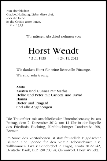 Traueranzeigen von Horst Wendt | Trauer & Gedenken