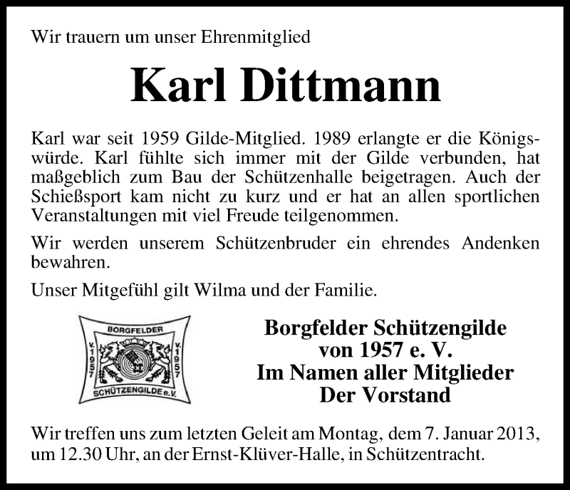 Traueranzeigen von Karl Dittmann | Trauer & Gedenken