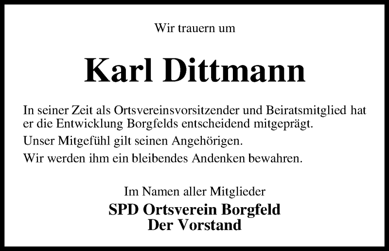 Traueranzeigen von Karl Dittmann | Trauer & Gedenken