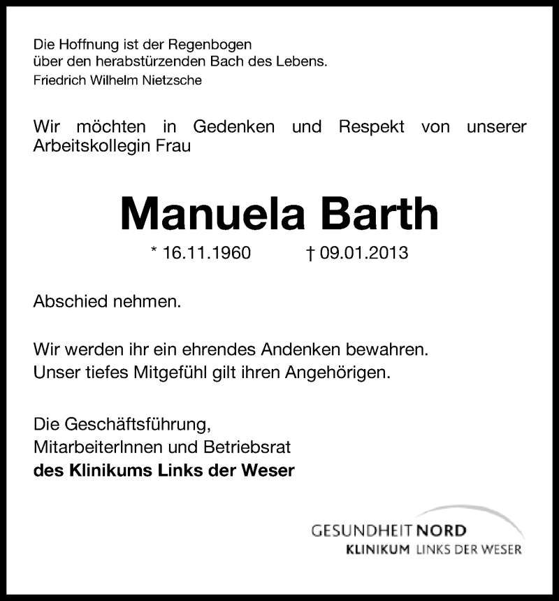 Traueranzeigen von Manuela Barth | Trauer & Gedenken