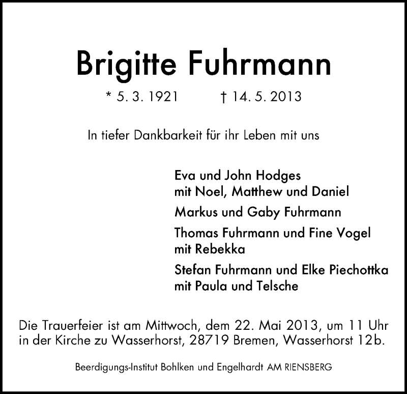 Traueranzeigen von Brigitte Fuhrmann | Trauer & Gedenken