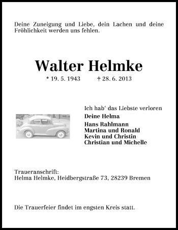 Traueranzeigen von Walter Helmke | Trauer & Gedenken