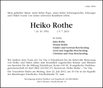 Traueranzeigen von Heiko Rothe | Trauer & Gedenken