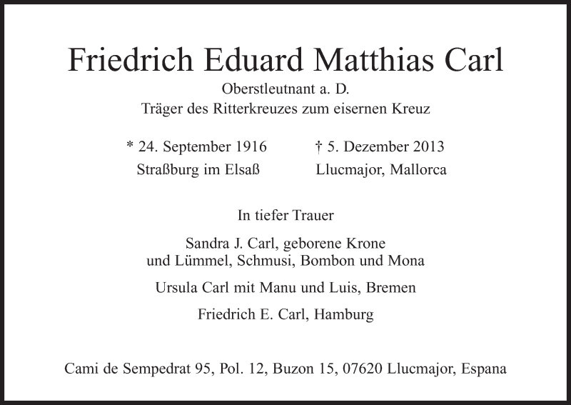 Traueranzeigen von Friedrich Eduard Matthias Carl | Trauer & Gedenken