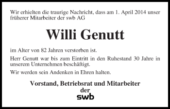 Traueranzeigen von Willi Genutt | Trauer & Gedenken