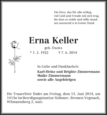 Traueranzeigen von Erna Keller | Trauer & Gedenken