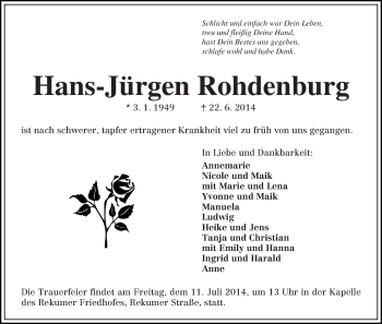 Traueranzeigen von Hans-Jürgen Rohdenburg | Trauer & Gedenken