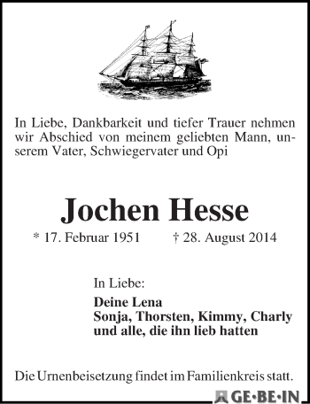 Traueranzeigen von Jochen Hesse | Trauer & Gedenken